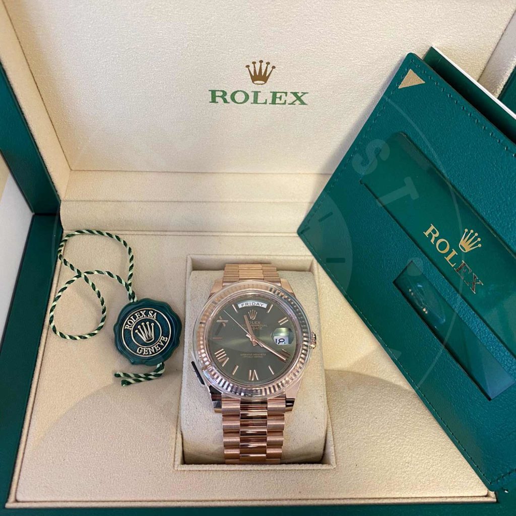 Rolex Day-Date 228235-0025 18ct Everose Gold Olive Green Index & Roman ...